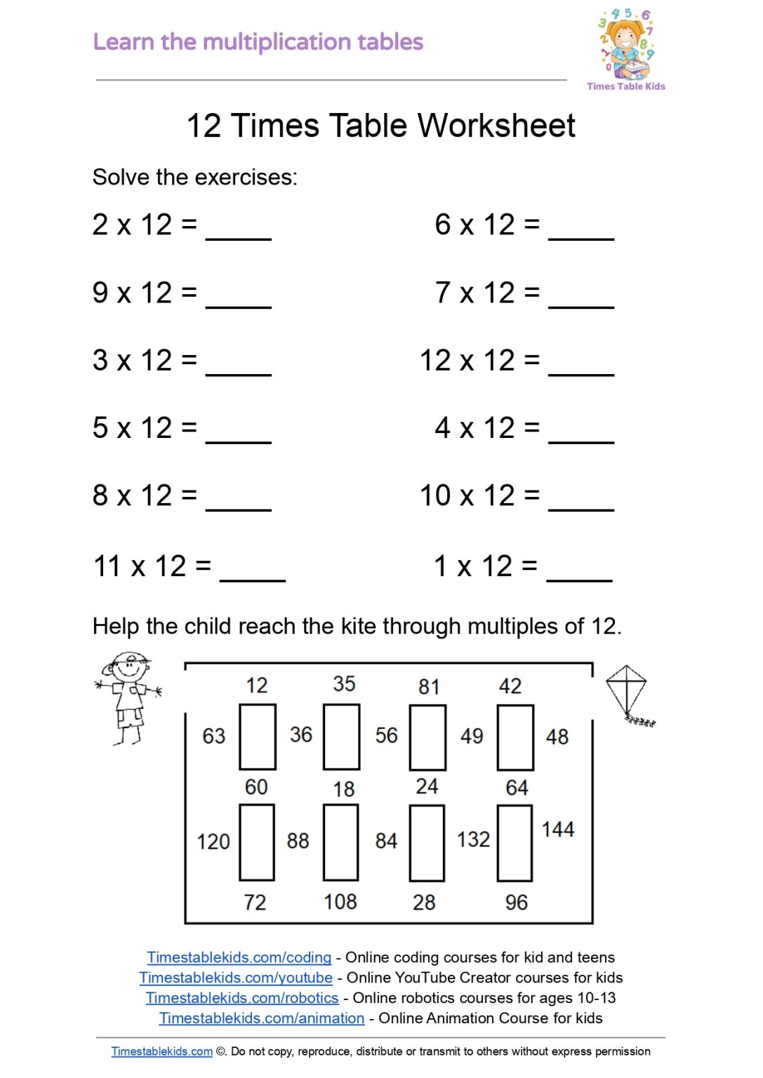 12 Times Table ️1️⃣2️⃣ Learn, Play, and Practice - Times Tables Kids