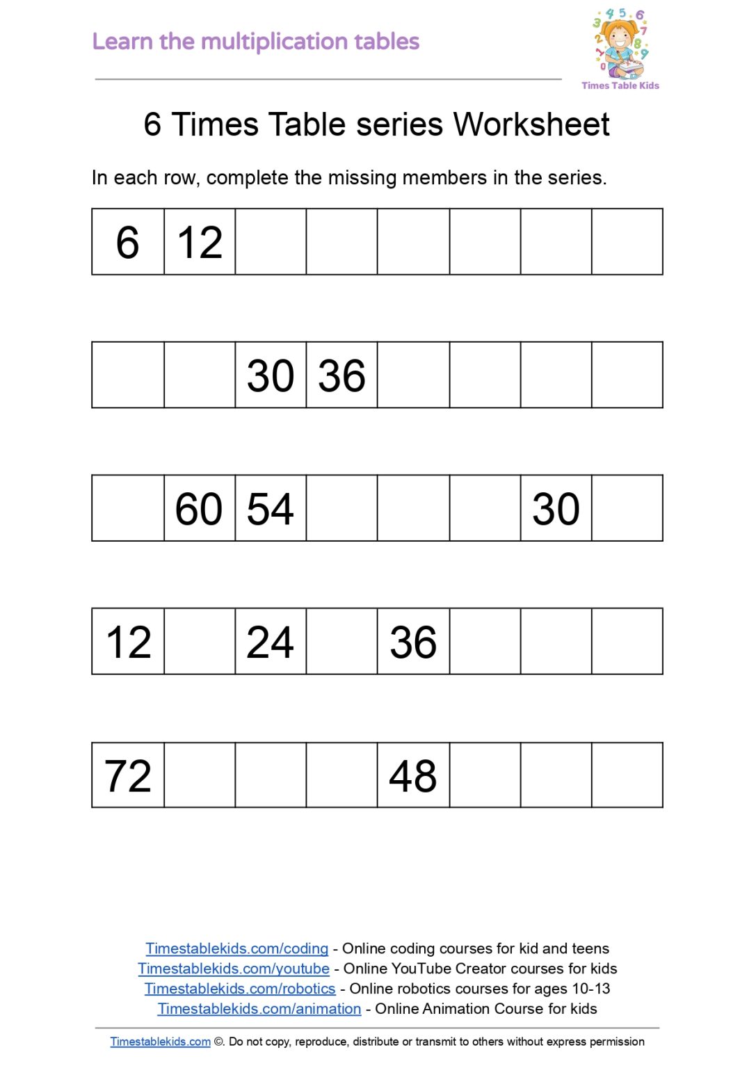 Multiplication tables Worksheets - Times Tables Kids