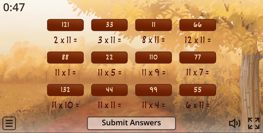 Fix the Match - 11 times table Game for Thanksgiving - Times Tables Kids