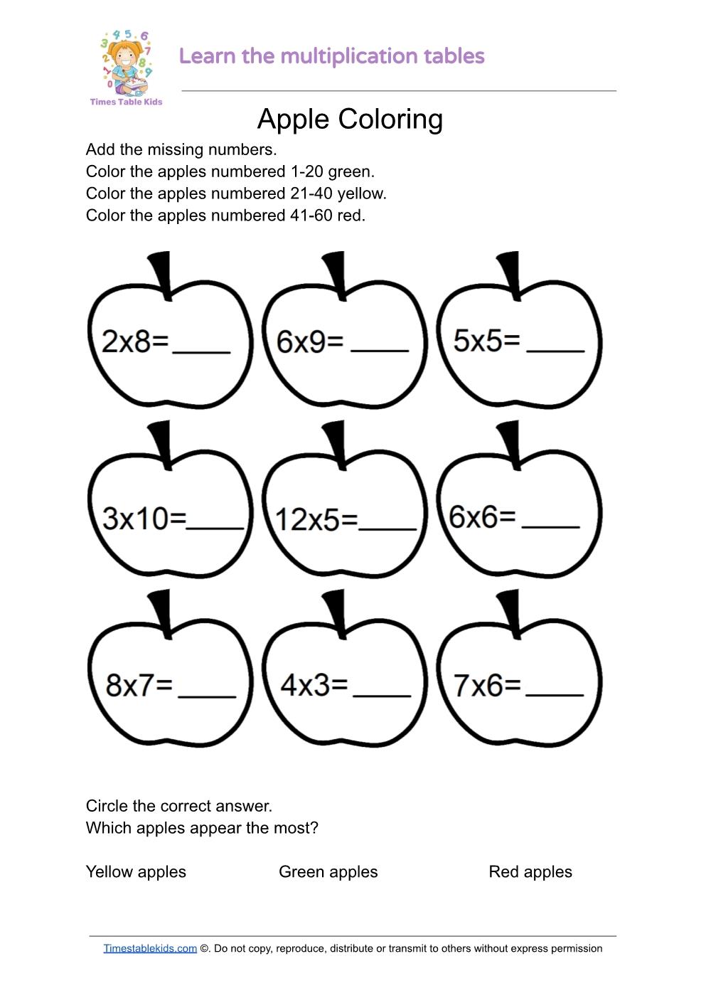 Apple coloring - Free Thanksgiving Multiplication worksheet - Times ...